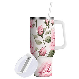 30 oz Chic Pink Rose Insulated Tumbler with Handle, Stainless Steel Vacuum Water Bottles with Lid and Straw for Water, Iced Tea or Coffee