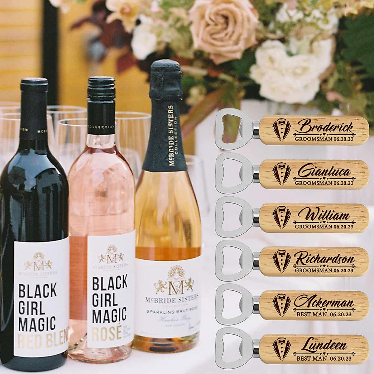 Personalized Wooden Bottle Opener Gift, Engraved Wedding Gift for Best man, Father of the Bride, Usher Groomsman (Set of 6)