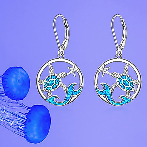 Turtle Earrings for Women Blue Opal Sea Turtle Earrings Dangle Sterling Silver 925 Hawaii Ocean Wave Starfish Jewelry Cute Friendship Mothers Day Christmas Gifts
