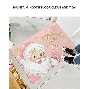 Christmas Pink Santa Claus Floor Door Mats Shag Carpet,Xmas Gold Foil Snowflake Non Slip Super Soft Bath Rugs,Winter Snow Shaggy Fuzzy Area Rug for Kitchen/Bathroom/Bedroom/Living Room Decor 16x24in
