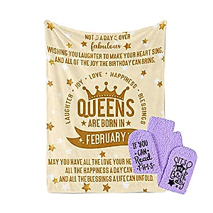 Personalized Birthday Gift Baskets for Her - Women Birthday Gift Ideas, Bday Gift for Women - Queens are Born in February - Flannel Throw Blanket & Socks - Mom, BFFs, Grandma, Aunt - 50"x 65"