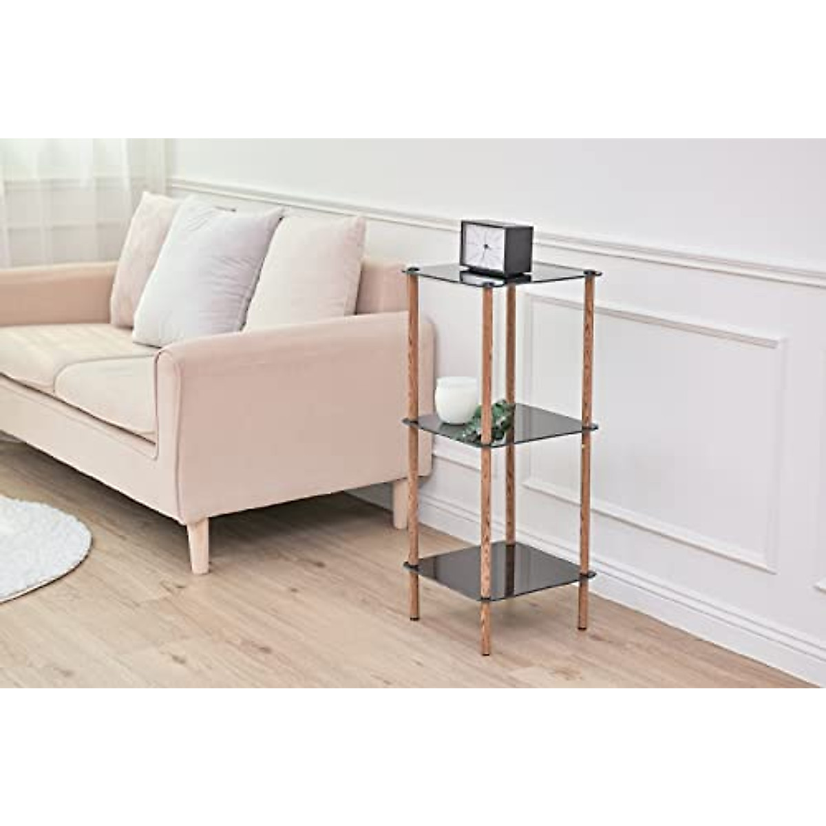 ikloo 3-Tier Metal & Glass Black Shelf, Shelving Display Rack, Open Glass Shelves; Multifunctional Freestanding Storage for Living Room, Bathroom, Home Office, Hallway, Bedroom Organization Rack.