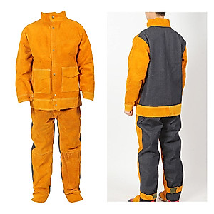 Prettyia Cowhide Welding Jacket Pant Suit for Men, Heavy Duty Flame Heat Resistant Welding Clothing, Durable and Easy to Wear, Orange, 108cm