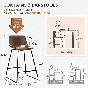 LUE BONA Bar Stools Set of 3, 24" ALX Faux Leather Barstools, Modern Counter Height Stools with Back and Metal Legs, Armless Counter Chairs for Kitchen Island, Brown