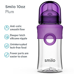 Smilo Baby Bottle Set with Stage 0 Slow Flow Anti Colic Nipple, 10 Oz / 300 ml Capacity, 3X Pack of Anti Colic Baby Bottles 0-3 Months - Plum Purple