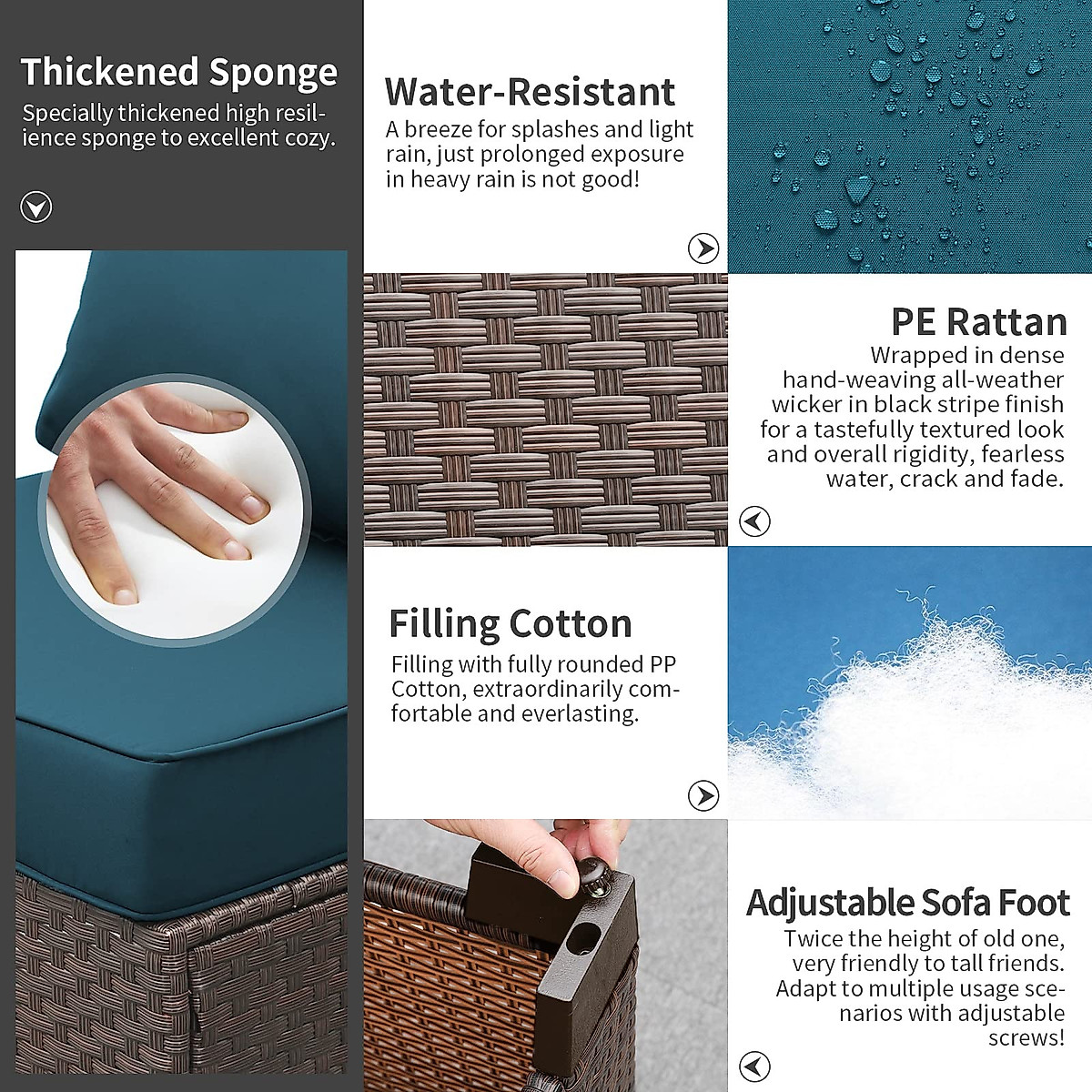 Patio Sectional Sofa Set 7 Pieces Outdoor Wicker Furniture Couch Adjustable Storage Table with Thicken(5") Peacock Blue Non-Slip Cushions Furniture Cover Brown PE Rattan