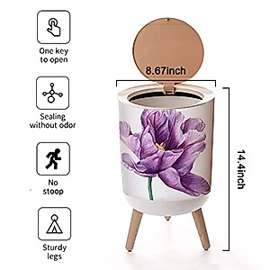 Round Trash Can with Lid Lilac Flower an Isolated White Watercolor Illustrations Purple Tulips Press Top Recycle Bin Small Garbage Can Dog Proof Wastebasket Wooden Legs Bathroom Kitchen 7L/1.8 Gallon