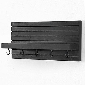 Decorative Key Holder for Wall with Shelf, Entryway Shelf with Hooks Holds Leashes, Jackets and Glasses – Sturdy Wood Keyholder Entrance Hanger with Mounting Hardware (11.8” x 5.5” x 3.1”) (Black)