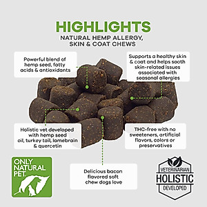 Only Natural Pet Allergy, Skin & Coat Hemp Soft Chews - Allergy Immune Bites for Dogs, Omega 3 Supplement, Hemp Oil - Calming Treats for Itchy Skin Relief, Hot Spot - (60 Count)