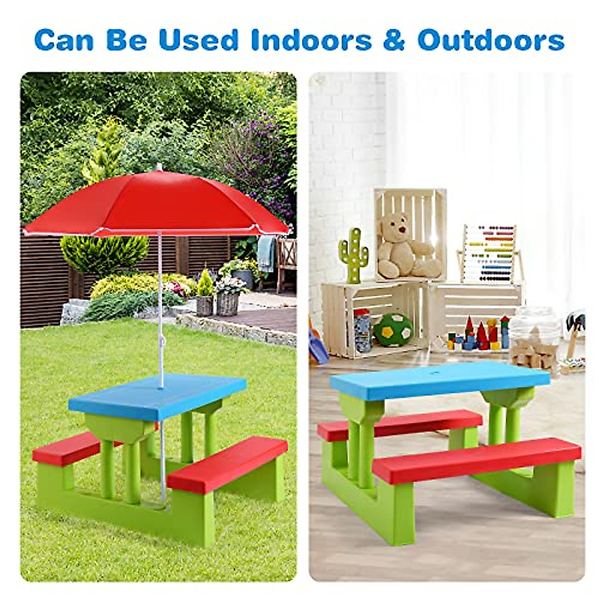HONEY JOY Kids Picnic Table, Toddler Plastic Outdoor Table & Bench Set with Umbrella, Children Patio Furniture Set for Backyard Garden, Kids Picnic Tables for Outdoors, Gift for Boys Girls Age 3+