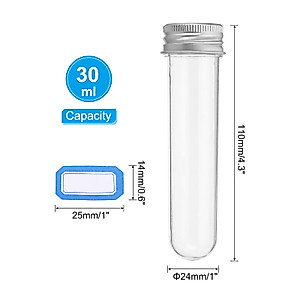 PATIKIL 30ml Test Tubes Set, 24pcs 4.3x1" Plastic Clear Round Bottom Test Tube Containers with Labels for Bead Party Candy Bath Salt Storage Plant Propagation, Silver Cap