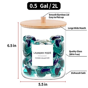 Glass Jars for Laundry Room Organization, Laundry Pods Container with 27 Labels, Detergent Holder with Bamboo Lid, Cute Storage Jars (Set of 2)