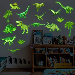 12 Pieces Glow in The Dark Dinosaur Wall Decals Dinosaur Glow Wall Stickers and 4 Pieces Coconut Trees Stickers for Kids Room Bedroom Living Room Classroom Home Decoration