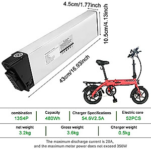 F-wheel Electric Bike Battery,Ebike Battery 48V,10Ah 480Wh Li-ion Ebike Conversion Kit with Battery, Electric Bike Motor Kit with Battery for Max 350W (Silver)