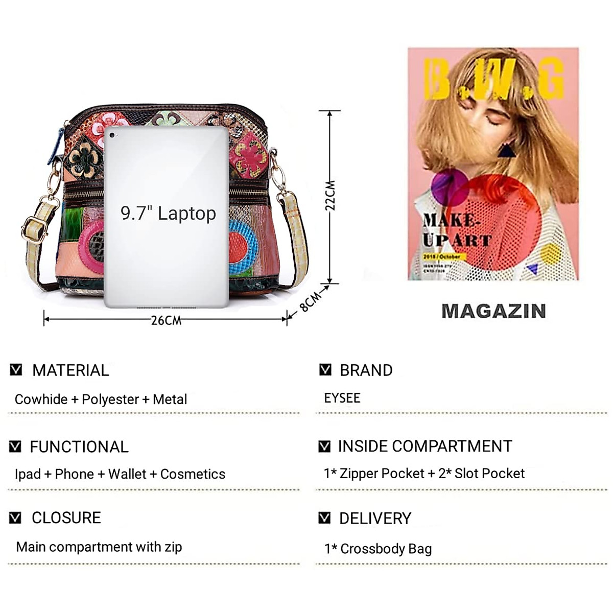 Eysee Crossbody Bag Women Multicolor, Leather Handbag Colorful Purses (Multicolour 1)