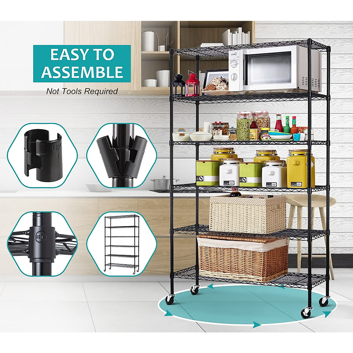 6 Tier Wire Shelving Unit Rack, NSF Heavy Duty Height Adjustable Storage Shelf Metal Shelving with Wheels/Feet Levelers for Garage Rack Kitchen Rack Office Rack Commercial Shelving - 18"x48"x82" Black