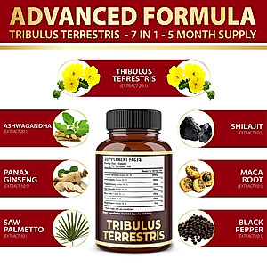 Tribulus Terrestris Supplement for Men & Women, 9050mg Per Capsule, 5-Month Supply with Ashwagandha, Panax Ginseng, Saw Palmetto, Maca, Shilajit