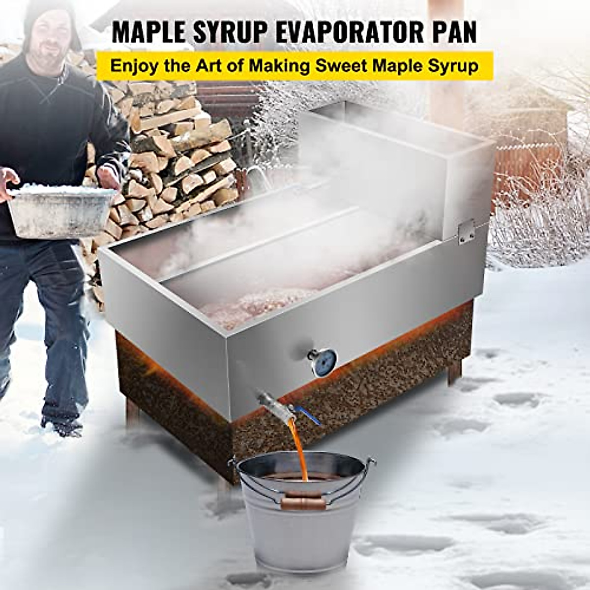 VBENLEM Maple Syrup Evaporator Pan 36x24x18.5 Inch Stainless Steel Maple Syrup Boiling Pan with Valve and Thermometer and Divided Pan and Feed Pan
