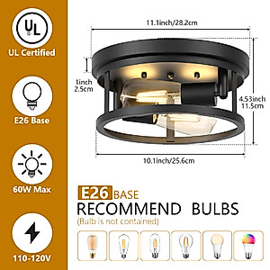 Feanron Farmhouse Matte Black Flush Mount Ceiling Light 2 Pack, 2-Lights 11 Inch Hallway Metal Cage Lighting Fixtures Ceiling Mount for Kitchen, Living Room, Bedroom, E26 Base (Bulb Not Included)