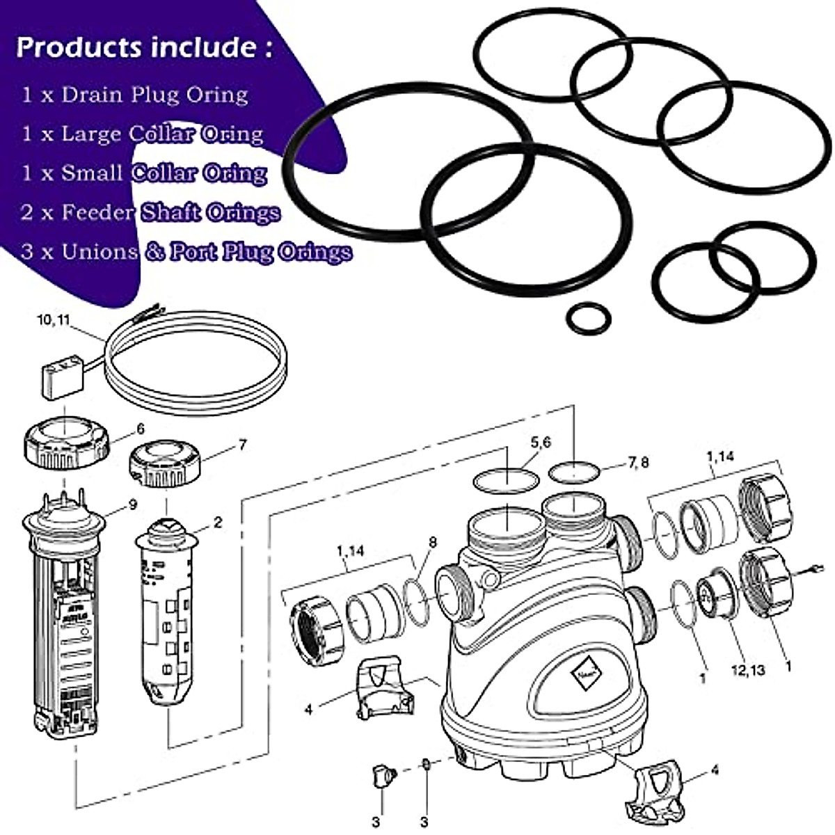 Black R0502500 O-Ring Reseal Kit for Nature2 Water Sanitizer Cleaner Aftermarket Oring Rebuild Kit, Fusion Inground, Fusion Soft,Polaris Scorpio Crystals, 280, 380, Back up Valve (8PCS)