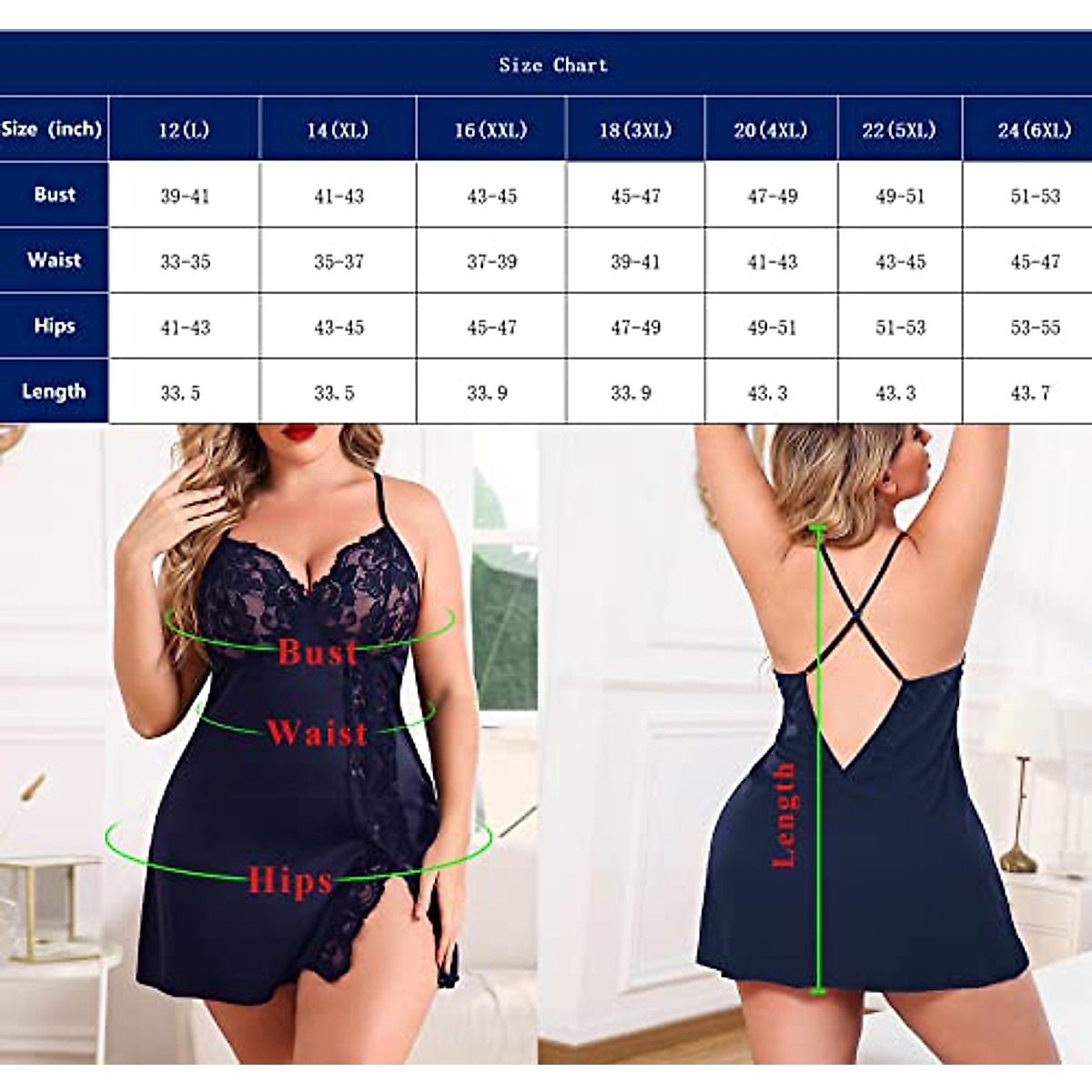 Avidlove Teddy Chemise Comfy Floral Lace Lingerie Teddy Nightwear Navy Blue 16W