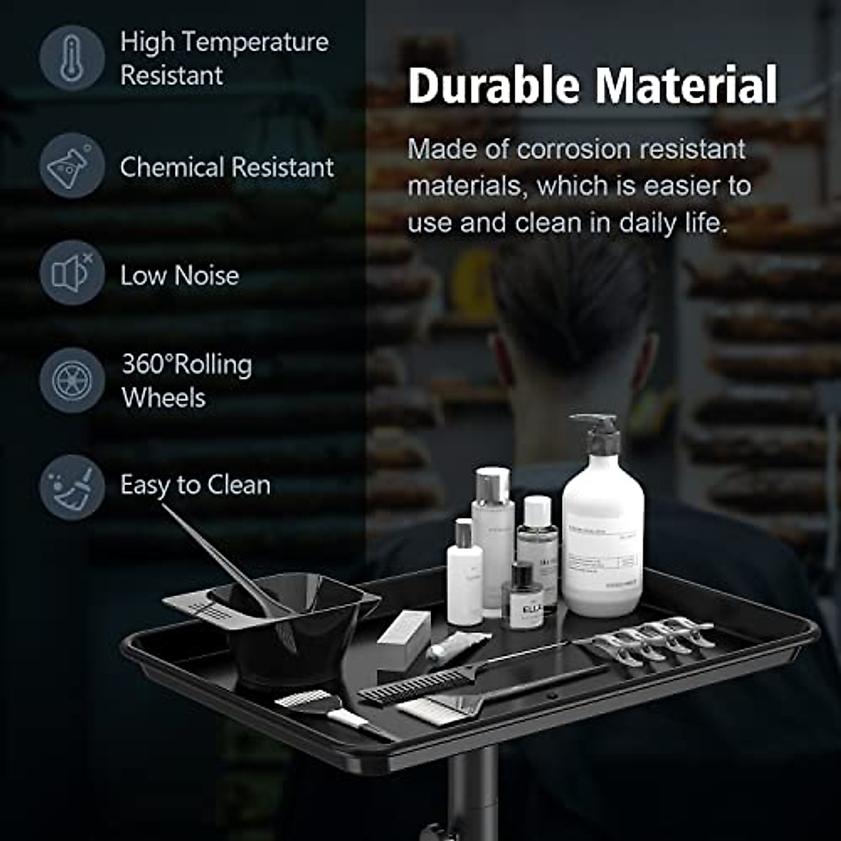 Salon Tray Cart, Premium Aluminum Rolling Trolley Cart with Wheels & Adjustable Height, W/Accessory Caddy Aluminum Mobile Utility Trolley Tool Holder