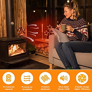 Hanaoyo Wood Stove Fan, 6 Blades Wood Stove Fan Heat Powered, Fireplace Fan with Magnetic Thermometer, Wood Stove Accessories, Non Electric Fan for Wood/Log Burner Stove