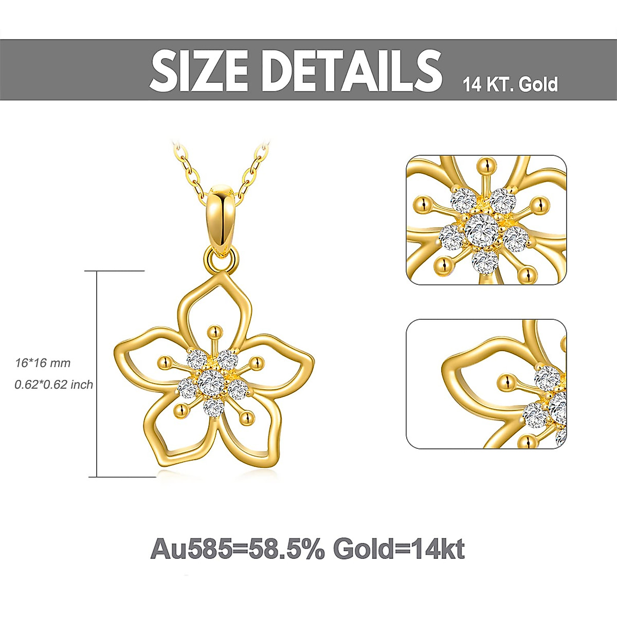 Rikelus 14k Real Gold Cherry Blossom Necklace for Women,Yellow Gold flower Pendant Necklace with moissanite Gifts for Birthday Christmas 16+2 inch