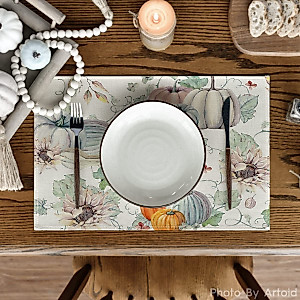 Artoid Mode Pumpkins Leaves Floral Fall Placemats Set of 4, 12x18 Inch Seasonal Autumn Thanksgiving Table Mats for Party Kitchen Dining Decoration