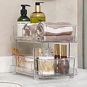 2 SET, 2 Tier Clear Organizer with Dividers, Multi-Purpose Slide-Out Storage Container, Bathroom Vanity Counter Organizing Tray, Under Sink Closet Organization, Kitchen Pantry Medicine Cabniet Bins