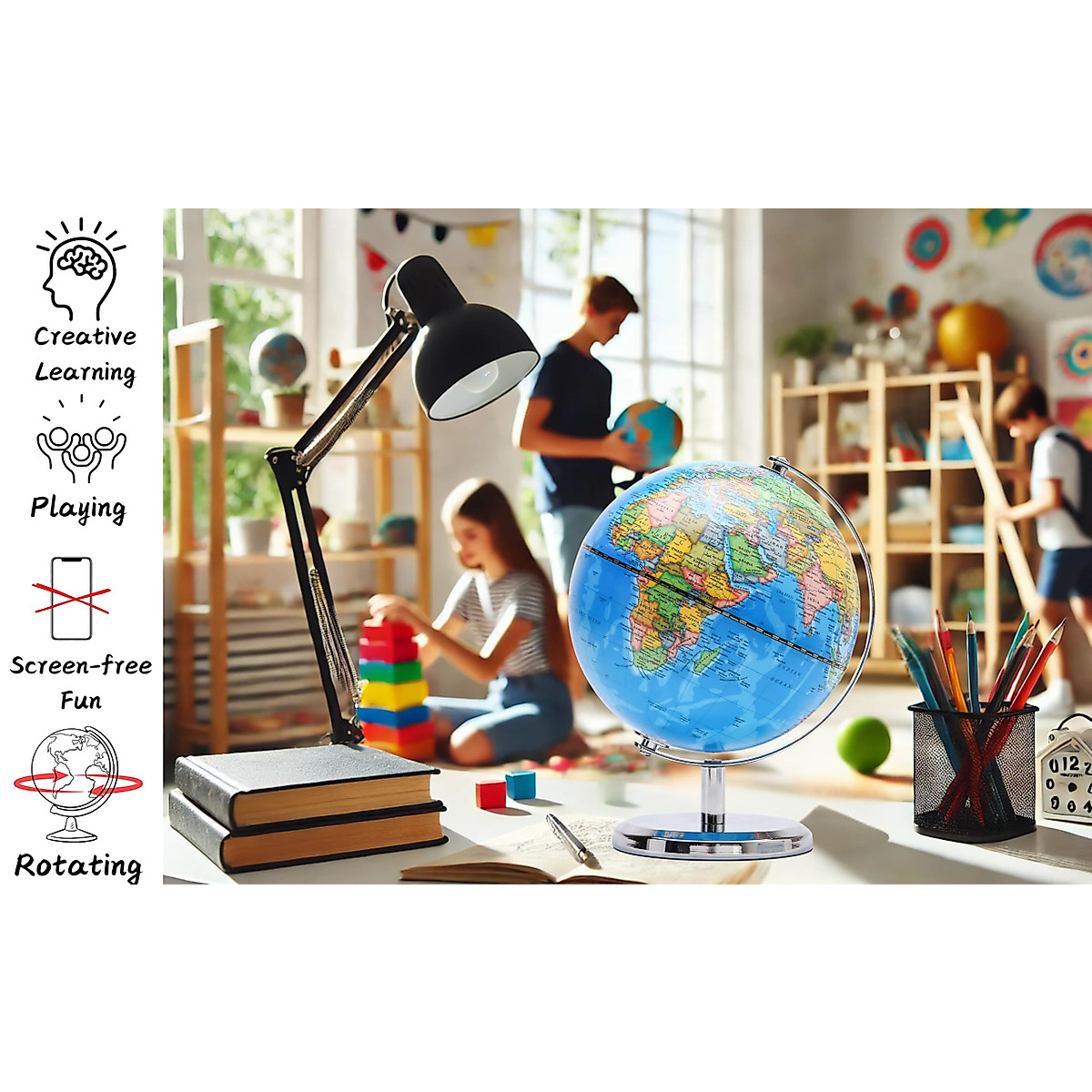 Exerz 8" World Globe Political Map - Educational Geographic Globe - Stainless Steel Arc and Base