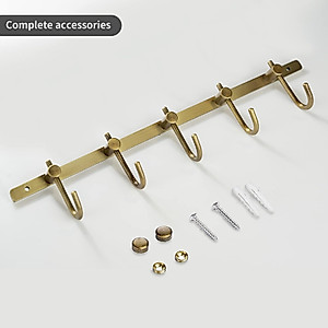 WINCASE Brass Towel Hook Rack, Brushed Brass Wall Hook Rail, Antique Coat Hook Rail Hanger 5 Hooks Bathroom Robe Hooks Wall Mounted