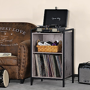 LELELINKY Turntable Stand, 3-Tier Record Player Stand, Vinyl Record Storage Cabinet with Metal Frame Holds Up to 180 Albums, Grey Record Table with Handle for Living Room, Bedroom, Office