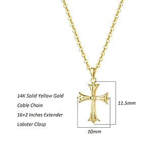 Carleen SOLID REAL 14K Yellow Gold SMALL TINY Little Cute Embossed Cross Necklace Delicate Dainty Crucifix Cross Pendant Fine Jewelry For Women, With 18" Solid Gold Cable Chain