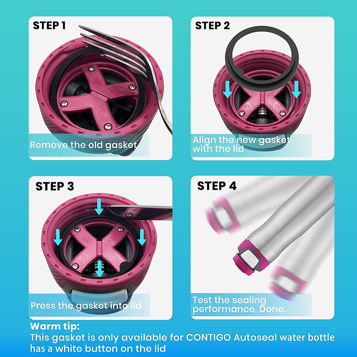 BOSORIO 4 Pack Gaskets Compatible with Contigo AUTOSEAL 24oz Water Bottle, Replacement Rubber Seal Part for Contigo AUTOSEAL Lid with White Button, Replacement Silicone O Ring