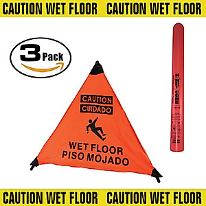 Orange Caution Wet Floor Sign (ENG/SPAN) Handy Cone w/Storage Tube "3-PACK"