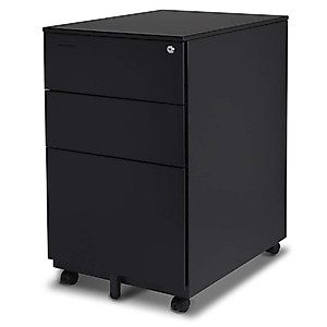 Aurora FC-103BK Modern SOHO Design 3-Drawer Metal Mobile File Cabinet with Lock Key Sliding Drawer, Fully Assembled, Black