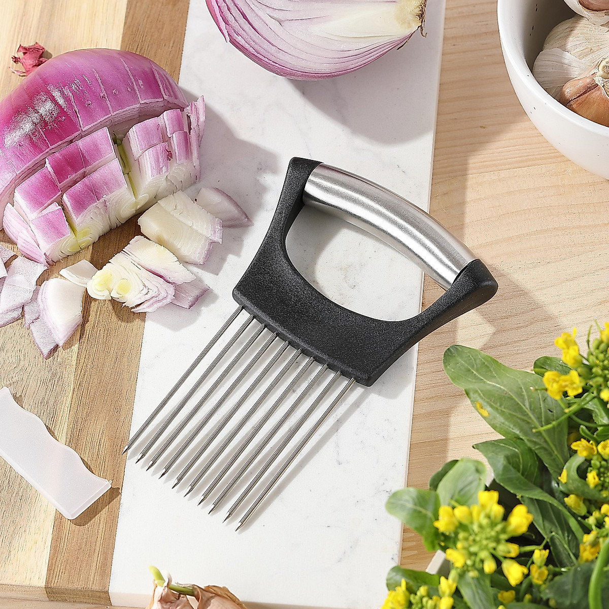 Onion Slicer, Mumulo Stainless Steel Onion Cutter for Slicing and Storage Onions, Tomato, Eggs and Vegetables, Protective Cover Included, Dishwasher Safe (Black)