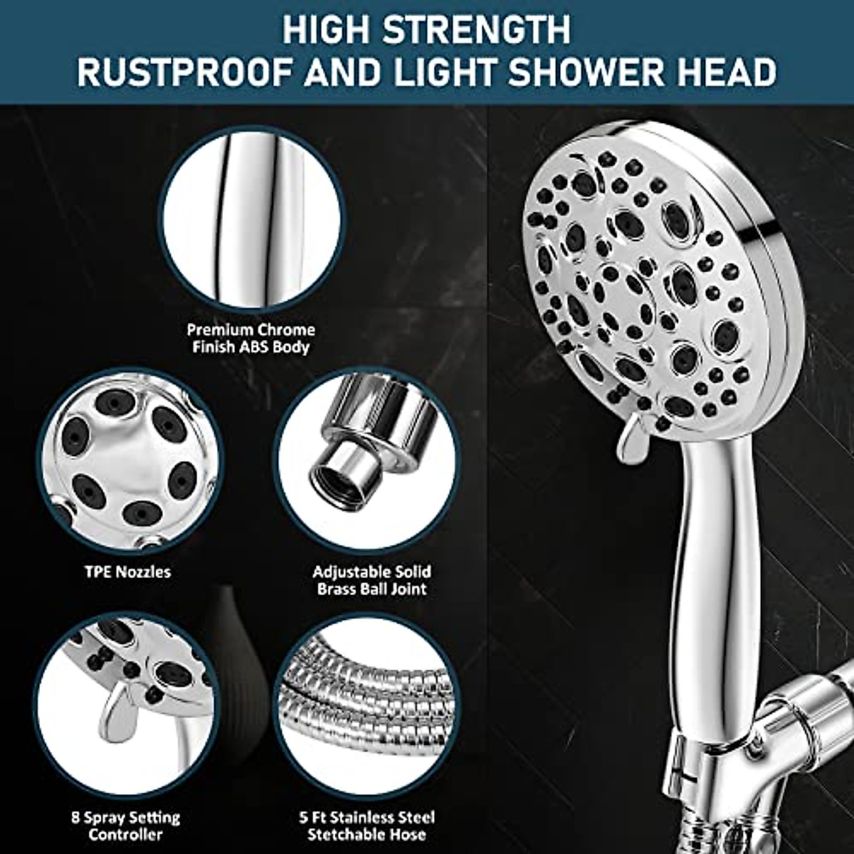 ZYlifemagic High Pressure 10-mode Shower Head With Handheld - Anti-clog Nozzles, Stainless Steel Hose, Cleaning Fuctions For Tubstiles Pets Wall And Overhead Brackets Cleaning -Premium Chrome