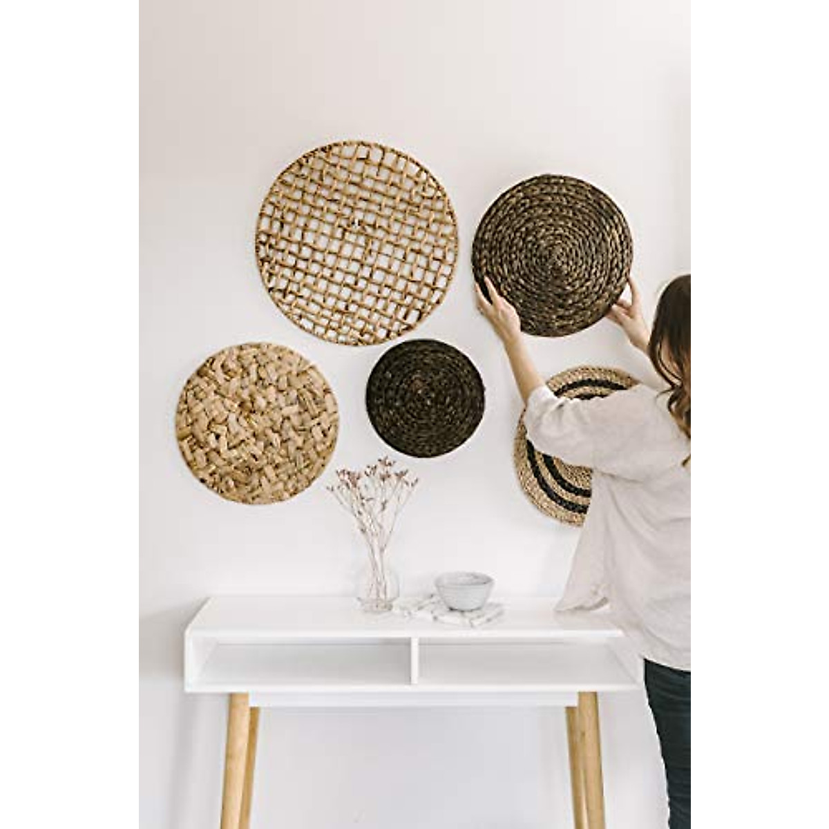 Large Boho Woven Wall Basket Decor - Set of Five - Handmade Wall Art made from Natural Water Hyacinth Seagrass - Ready to Hang