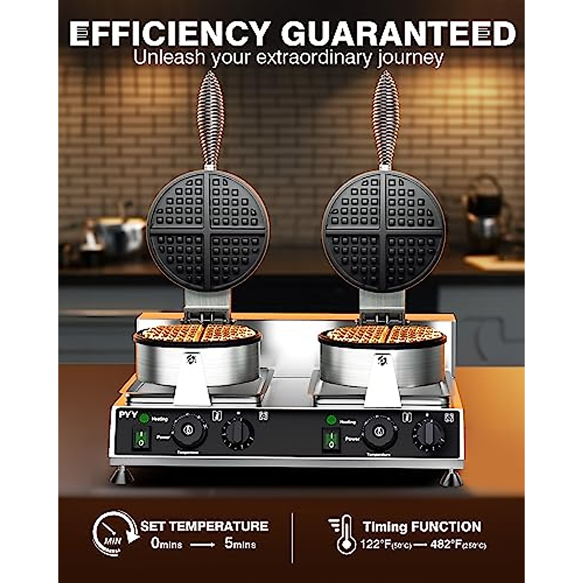 Commercial Waffle Maker PYY Double Waffle Maker Large Stainless Steel Waffle Maker Silver Non-stick Electric Chaffle Maker for Restaurant Party Food Stall