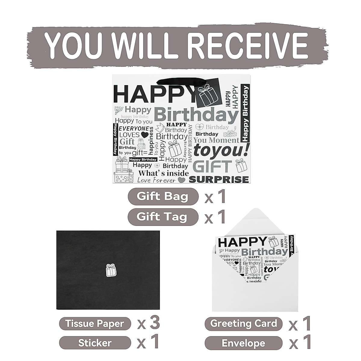 13" Large White Gift Bag Set with Greeting Card and Tissue Papers (‘Happy Birthday' Text) for Men's or Women's Birthday Parties, Boys', Girls', or Kids' Parties, Baby Showers, Baby Boys or Girls -