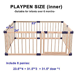 Kids Play Fence with Door,Wood Playpen Baby Safety Play Center Yard, Safe Play Area Indoor Kids Safety Activity Center Playard w/Locking Gate , Without Mat