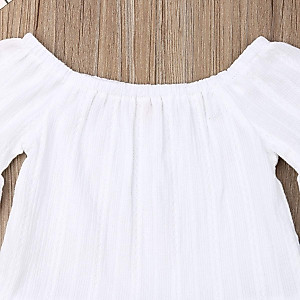 Kids Toddler Baby Girl Pants Set Off Shoulder Short Puff Sleeve Lace T-Shirt Sweatshirt Tops with Pearl Ripped Jeans Clothes Outfit (White, 5-6 Years)