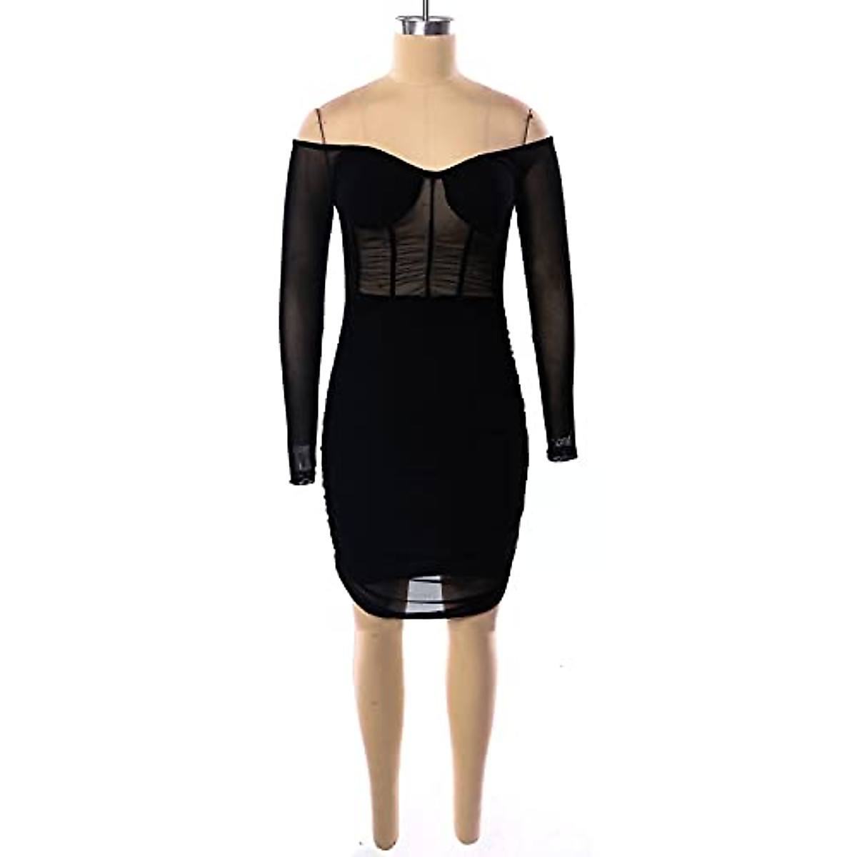 Uni Clau Women Sexy V Neck Mesh Patchwork Bodycon Dress Off Shouler See Through Long Sleeve Bodycon Dress Midi Party Club Dress Black L