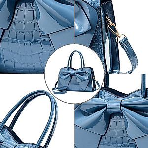 XingChen Shiny Women Handbag Patent Leather Bowknot Purse Charm Glossy Top-Handle Satchel Tote Fashion Shoulder Bag(Blue)