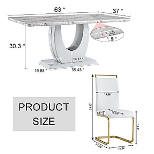 hohoedc 63" Morden Faux Marble Dining Room Table Set,Big Kitchen Dining Table for 6-8 with MDF Base,7 Piece Rectangle Dining Table Set &6 Pu Leather Golden Leg Chairs