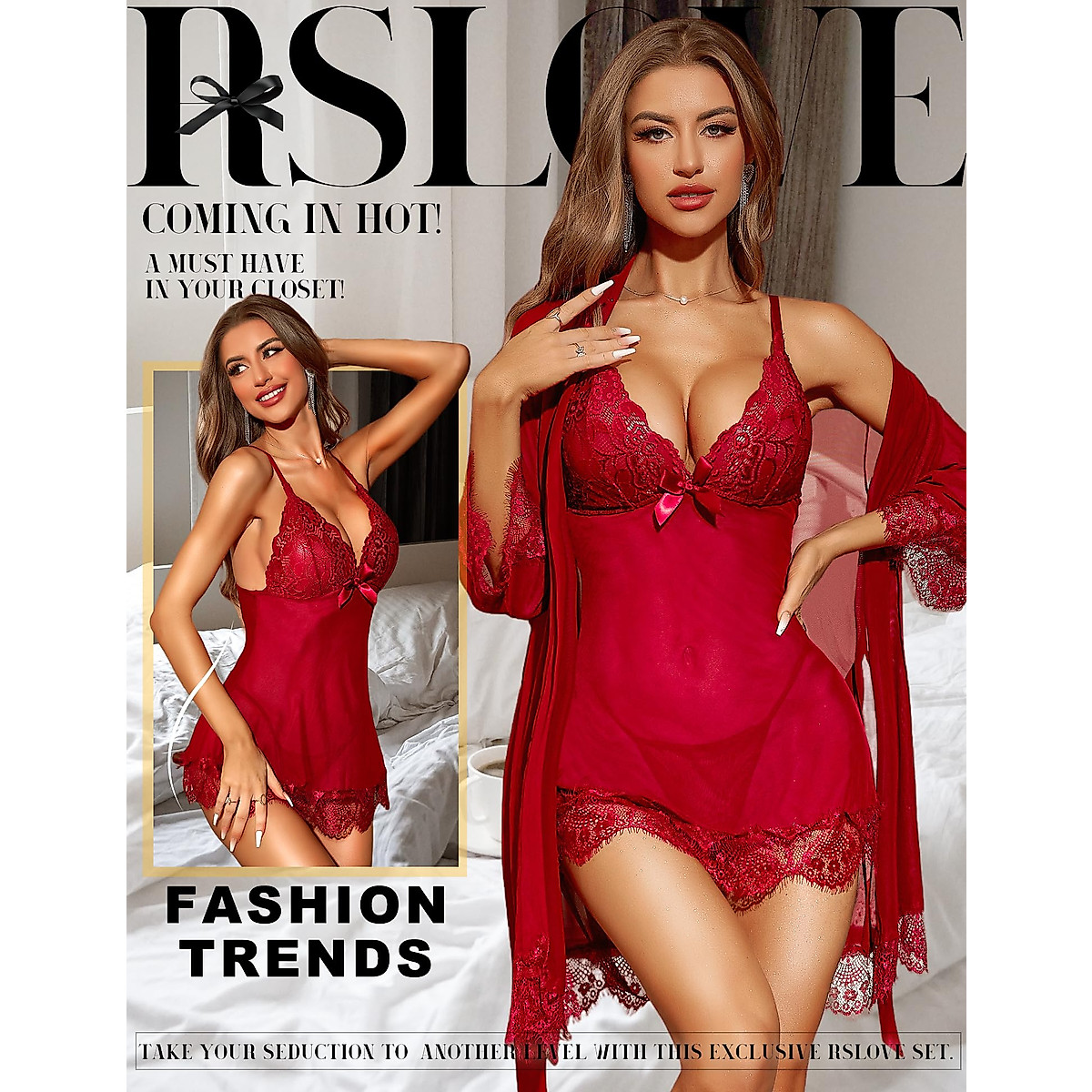 RSLOVE Women Sexy Lingerie Set 3 Piece Babydoll & Lace Kimono Robe Strap Chemise Mesh Sleepwear Wine Red L