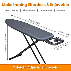 Ironing Board Full-Size,Bumkimue Iron Board with 3 Layered Cover Pad, Height Adjustable up to 36 in, 4 Steel Legs, Easy Storage with Smart Hanger and Lightweight Design(43x14 Inch).