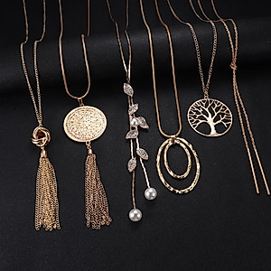 HAIAISO 6Pcs Long Necklaces for Women Tassel Pendant Necklace Circle Knot Bar Feather Leaf Sweater Necklace Statement Necklace for Women